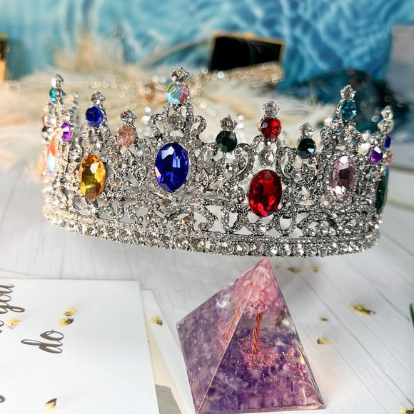 Handmade | Accessories | Rainbow Rhinestone Crown Silver Crown Wedding ...